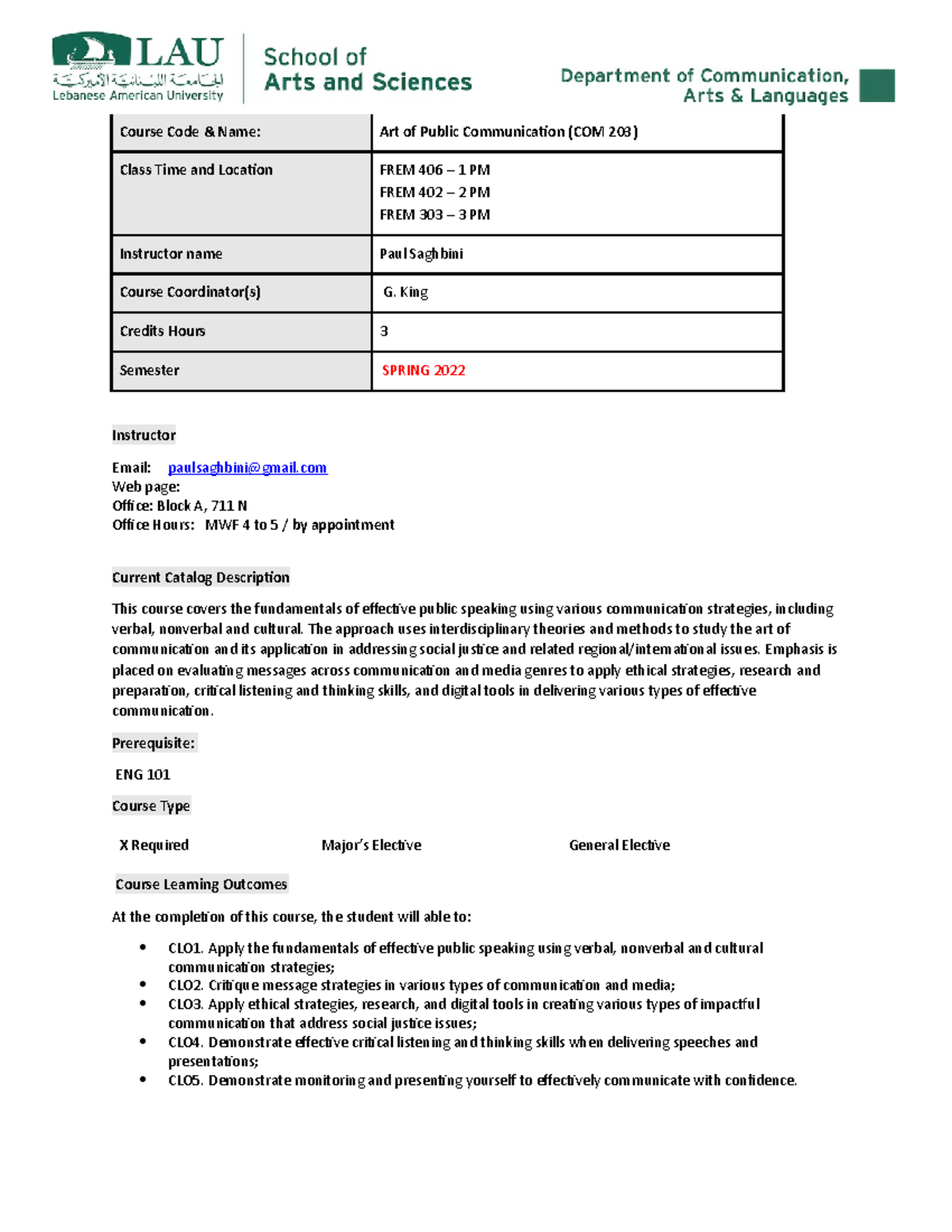 COM203 Syllabus Overview for Spring 2022: Art of Public Communication ...