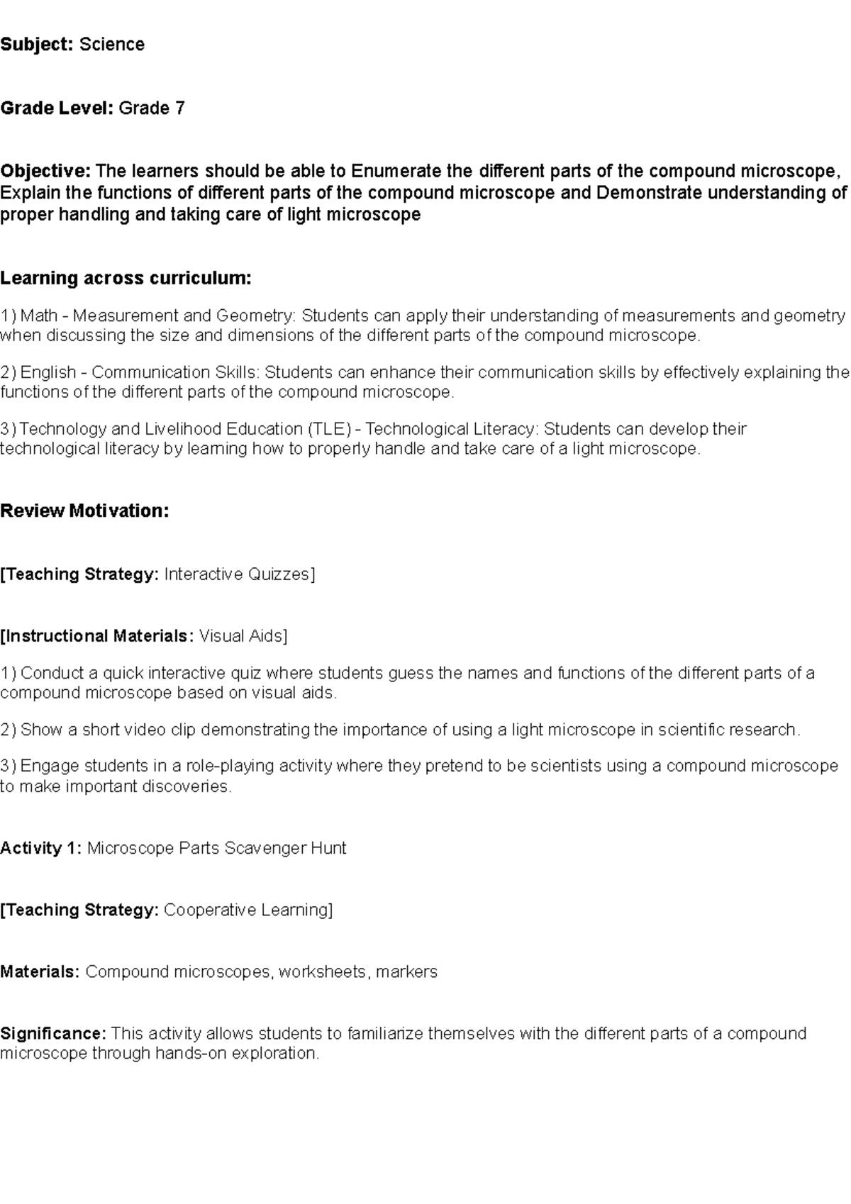 Grade 7 Science Lesson Plan: Exploring Compound Microscopes - Studocu