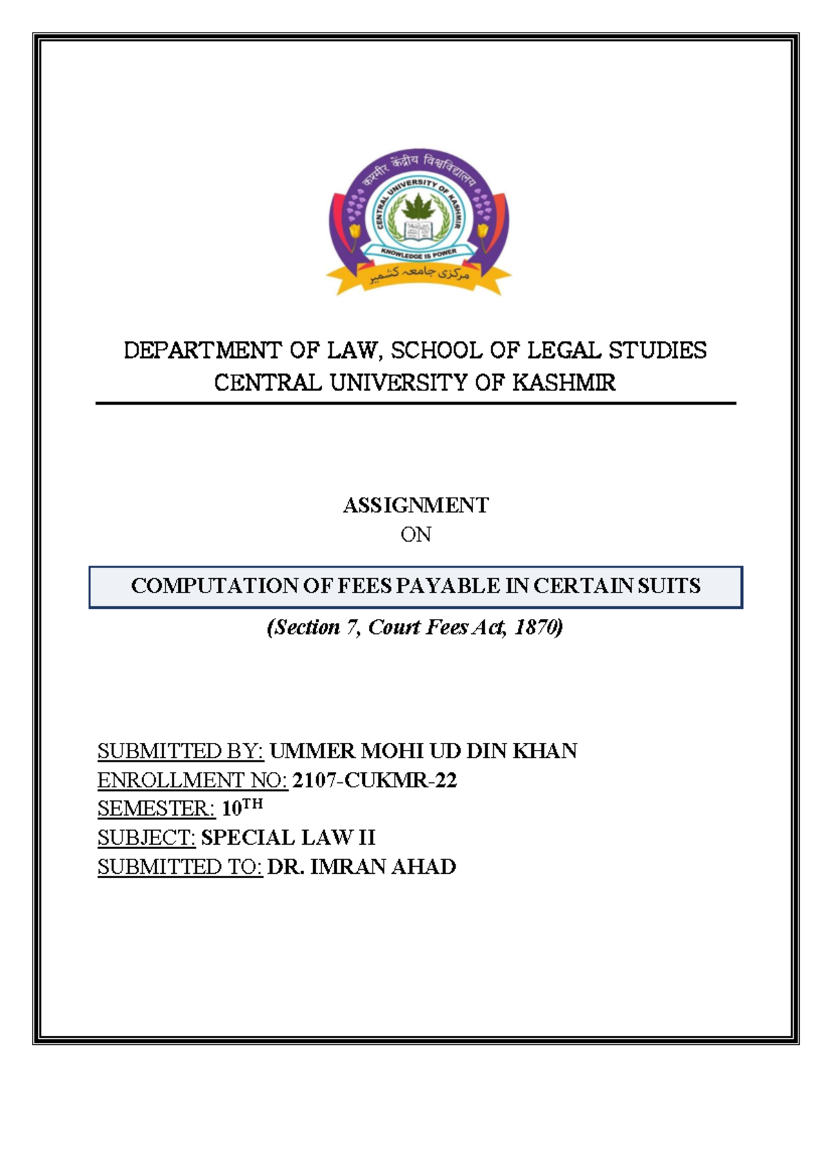 Assignment on Section 7: Computation of Court Fees in Civil Suits ...