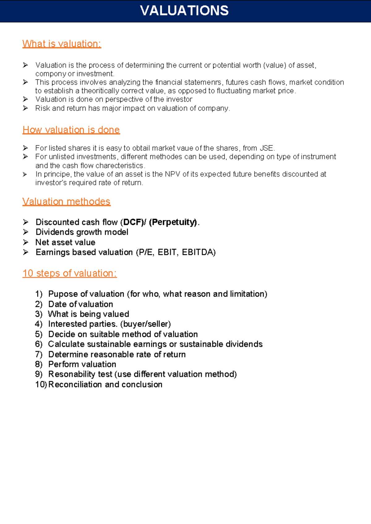 Valuation Summary: Key Concepts and Methods Explained - Studocu