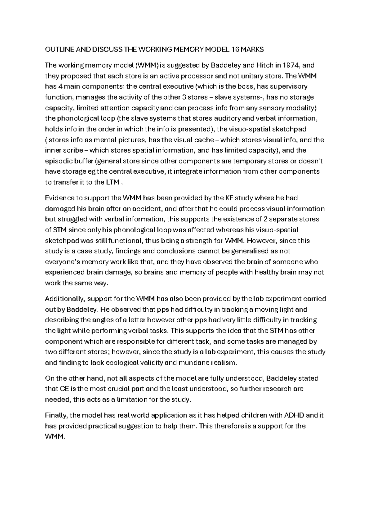 WMM Analysis: Outline and Discuss the Working Memory Model (16 Marks ...