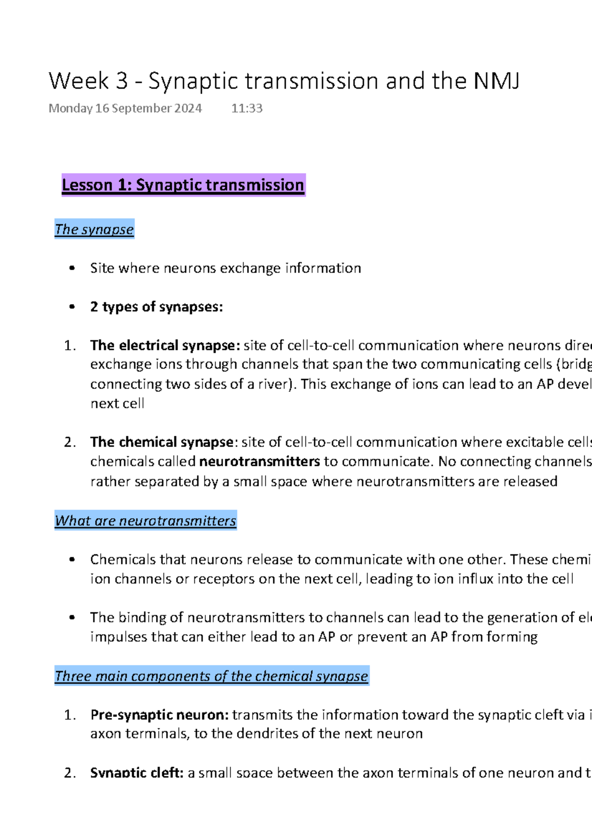 Week 3 - Synaptic transmission and the NMJ - Lesson 1: Synaptic ...