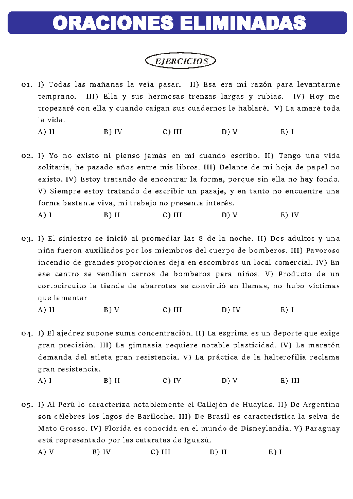 Ejercicios de Oraciones Eliminadas RV 6TO - Studocu