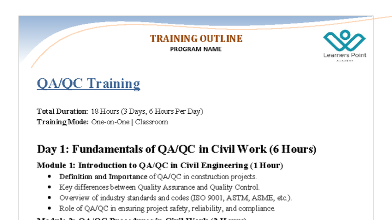 QA/QC Training Outline for Civil Engineering – 18-Hour Program - Studocu