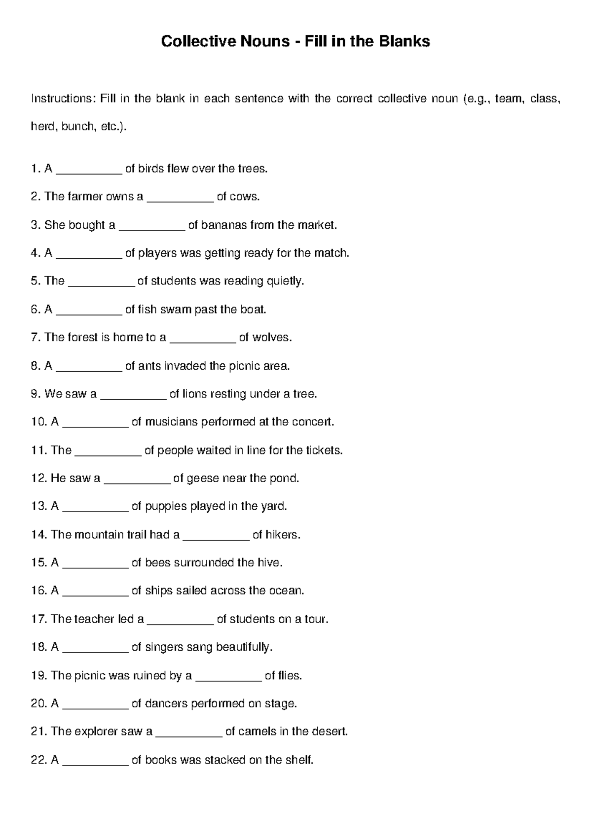 Collective Nouns Quiz: Fill in the Blanks Exercise - Studocu