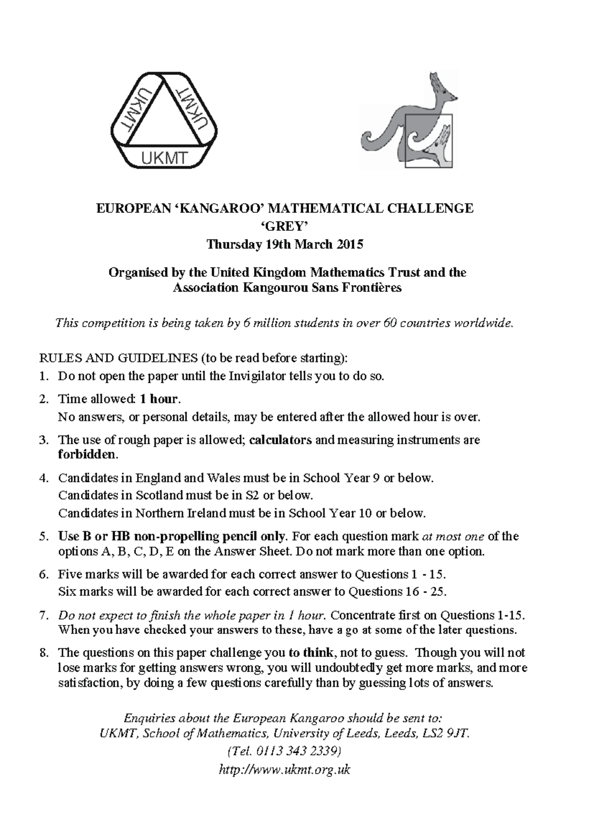 IMK 2015 European Kangaroo Math Challenge Questions - Studocu