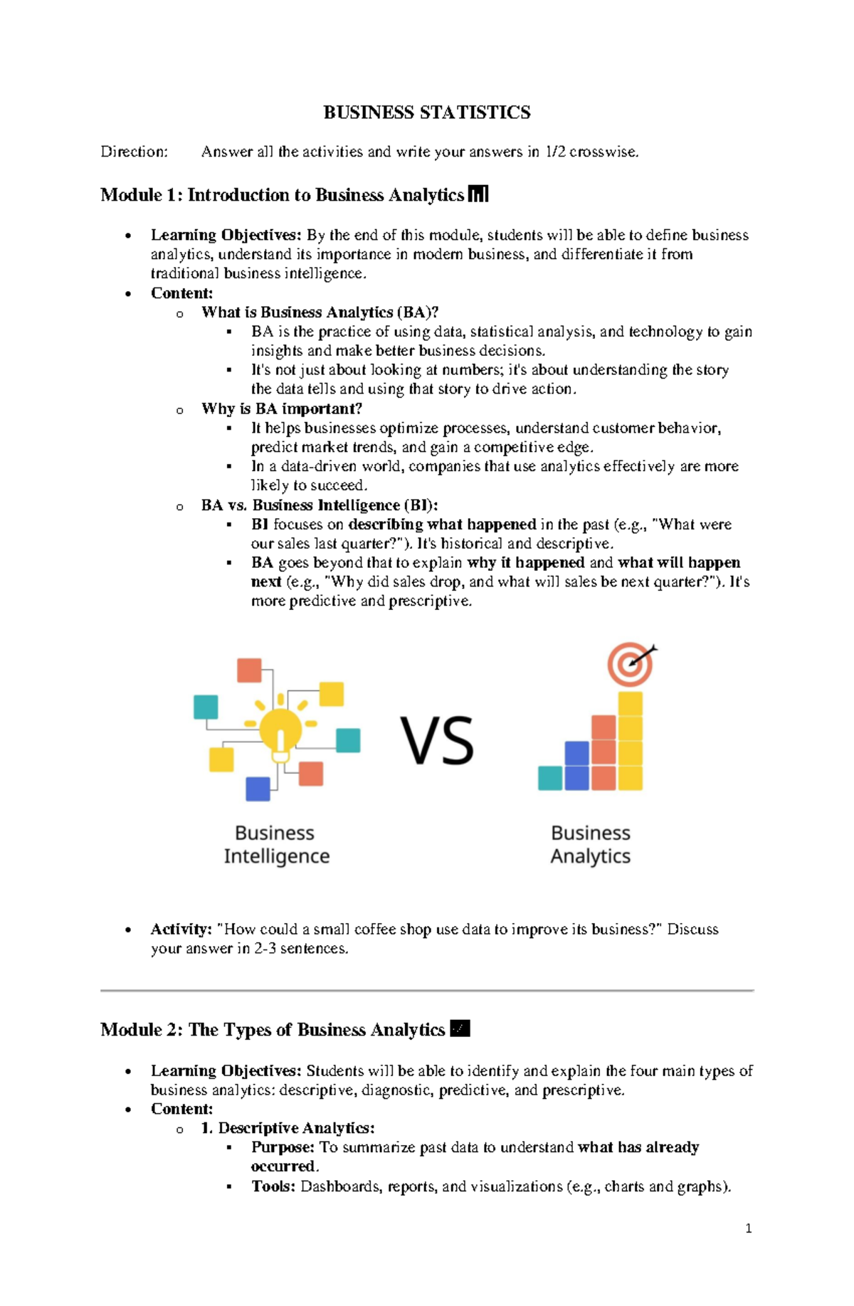 BUSINESS STATISTICS: Introduction to Business Analytics (Module 1 ...