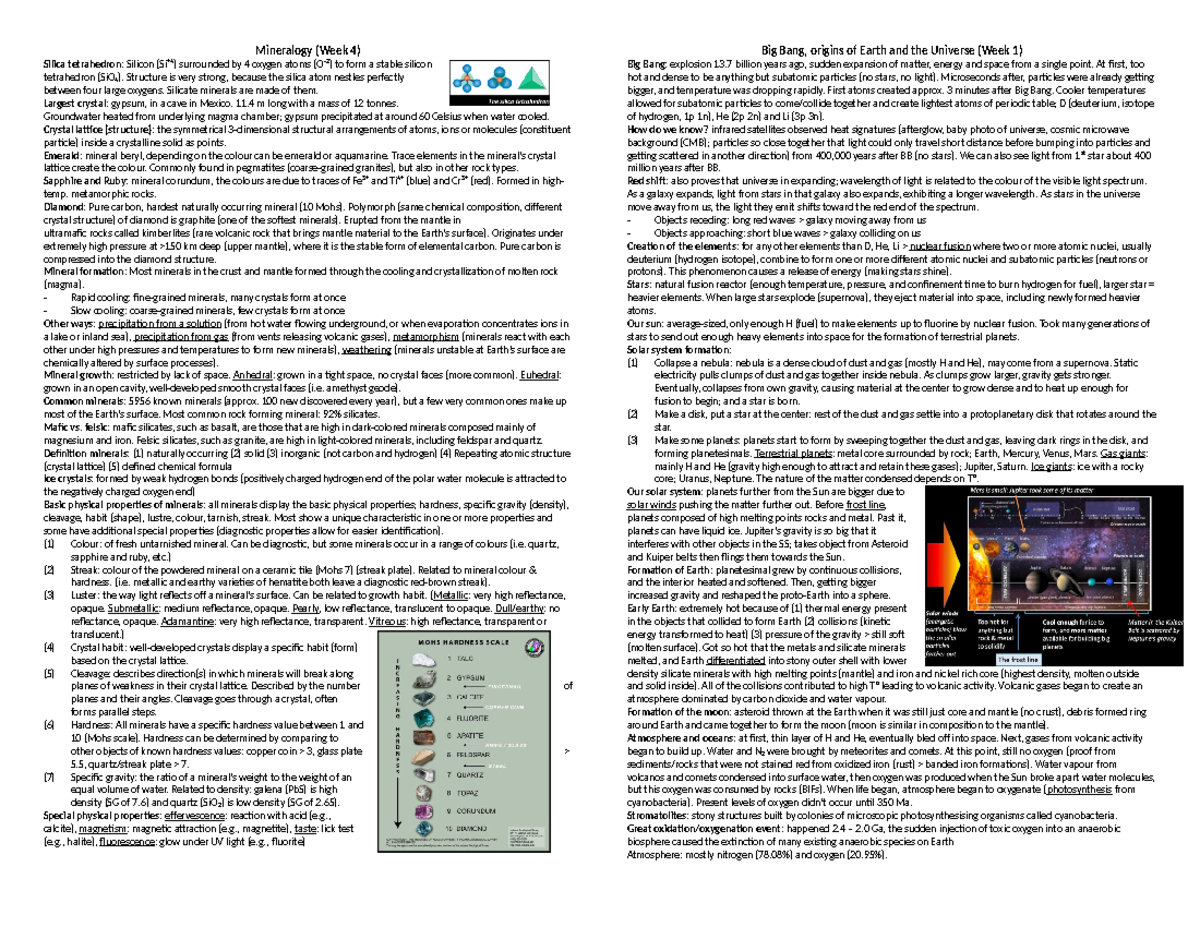 Mineralogy and Earth Origins Cheat Sheet EPSC201 MT Notes - Studocu