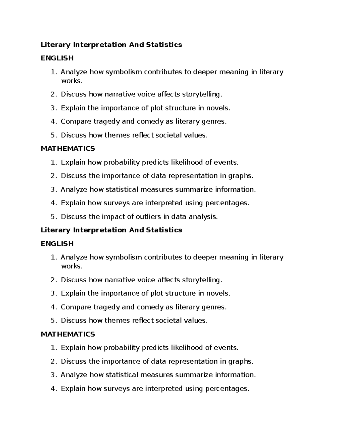 Literary Interpretation & Statistics ENGLISH 1: Key Concepts & Analysis ...