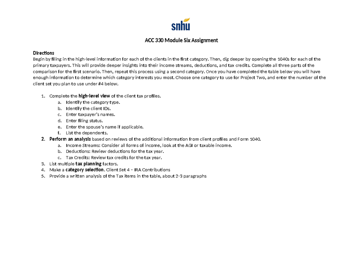 ACC 330 Module Six Assignment: Tax Category Comparison Analysis - Studocu