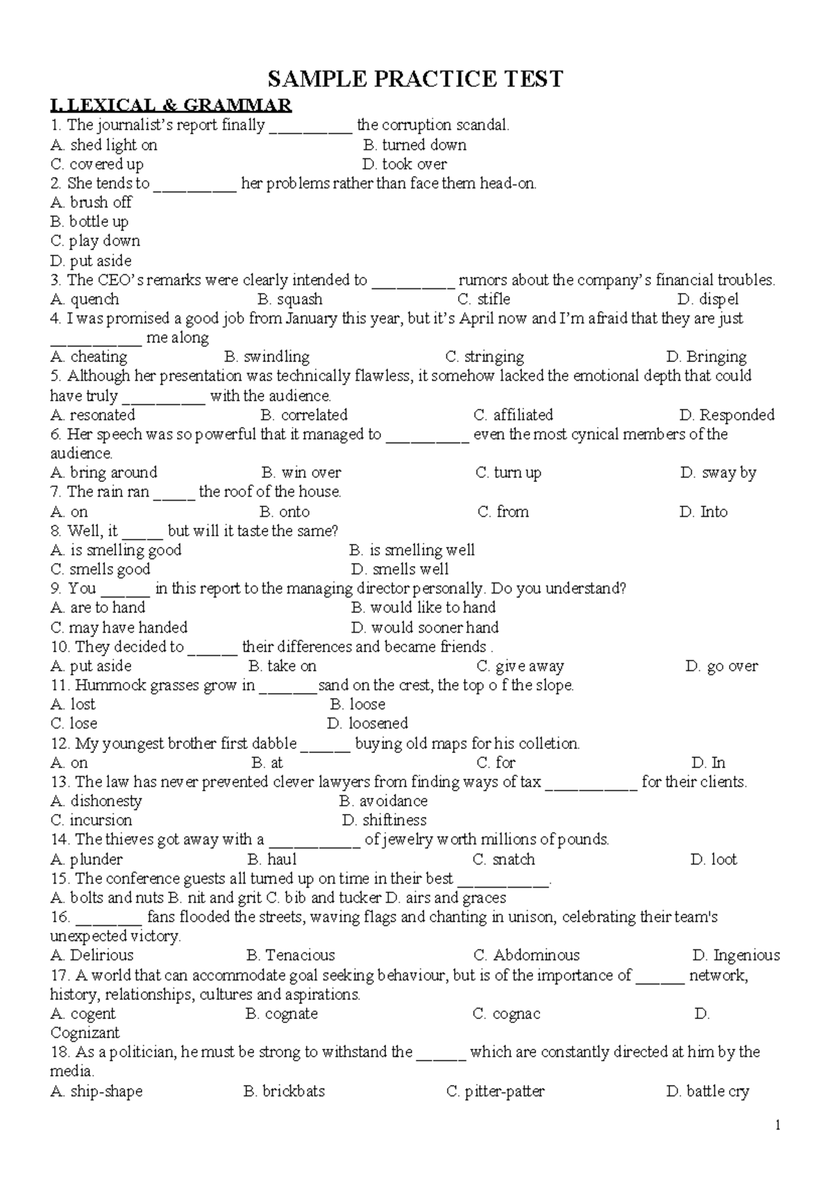 Practice Test 1 - Lexical Grammar and Word Formation - Studocu