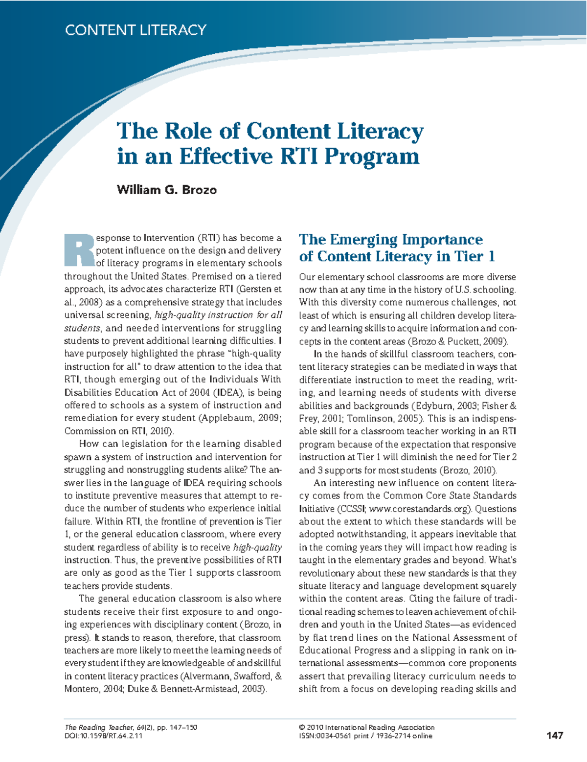The Role of Content Literacy in an Effective RTI Program (EDU 101 ...
