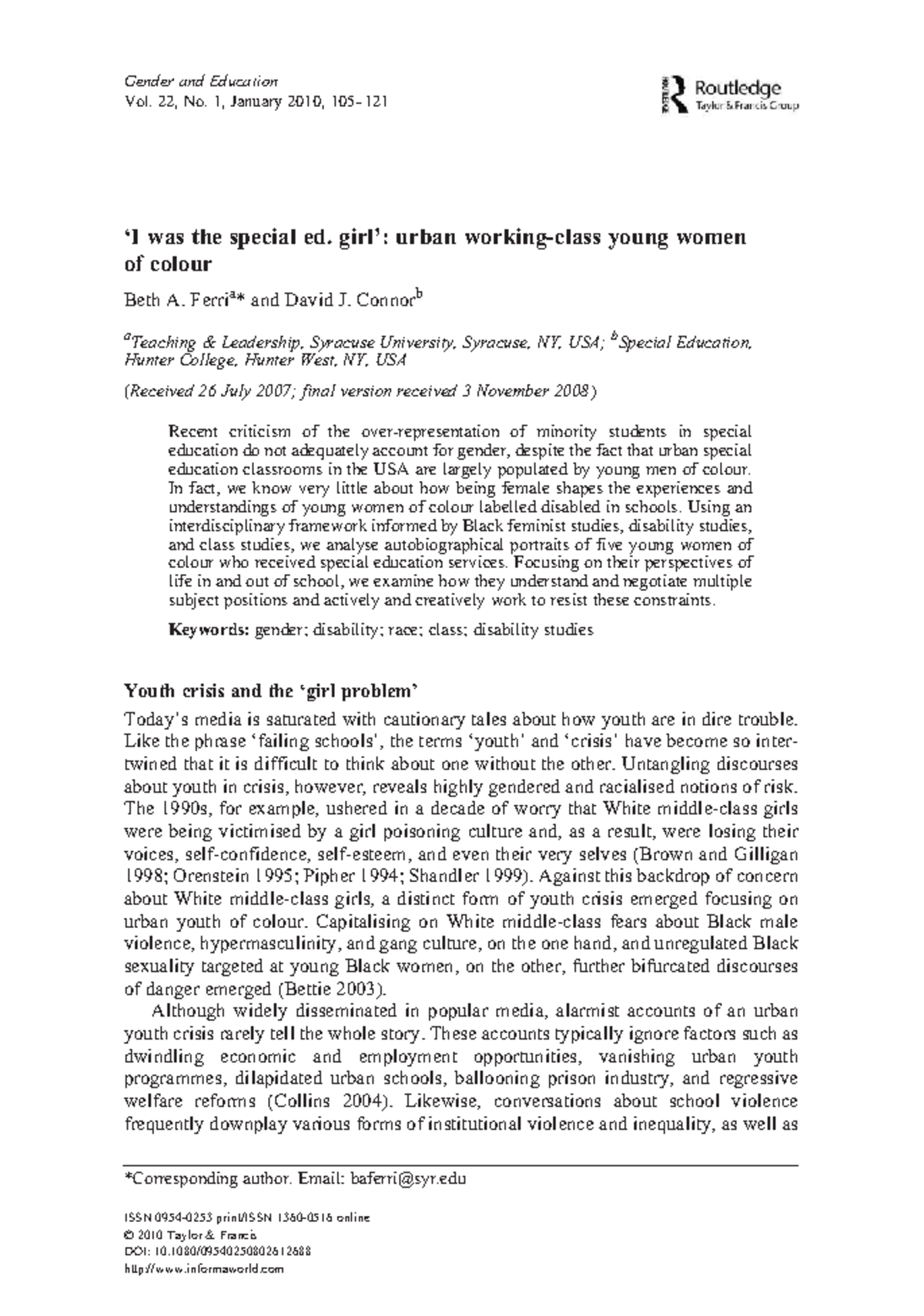 Gendered Experiences in the Workplace for 'Special Ed' Young Women ...