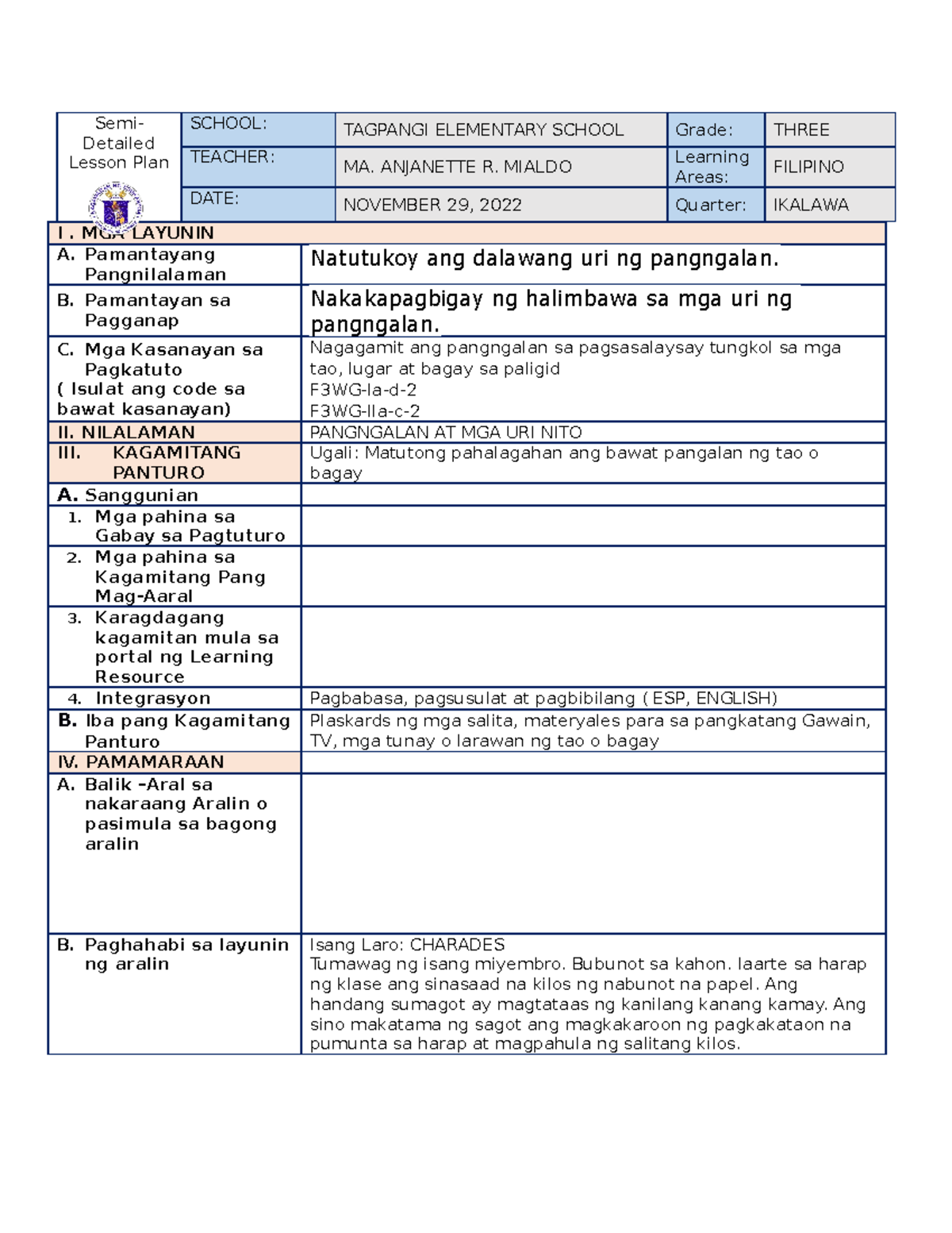 Grade 3 COT Filipino Semi-Detailed Lesson Plan on Pangngalan - Studocu