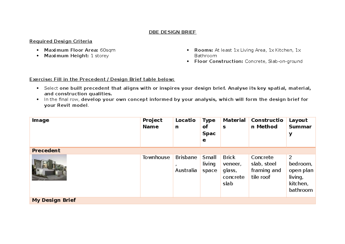 DBE - Week 1 Design Brief: Required Design Criteria & Precedents - Studocu