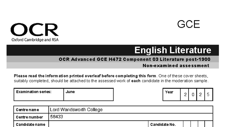 GCE English Literature OCR H472 Component 03 Cover Sheet 2025 - Studocu