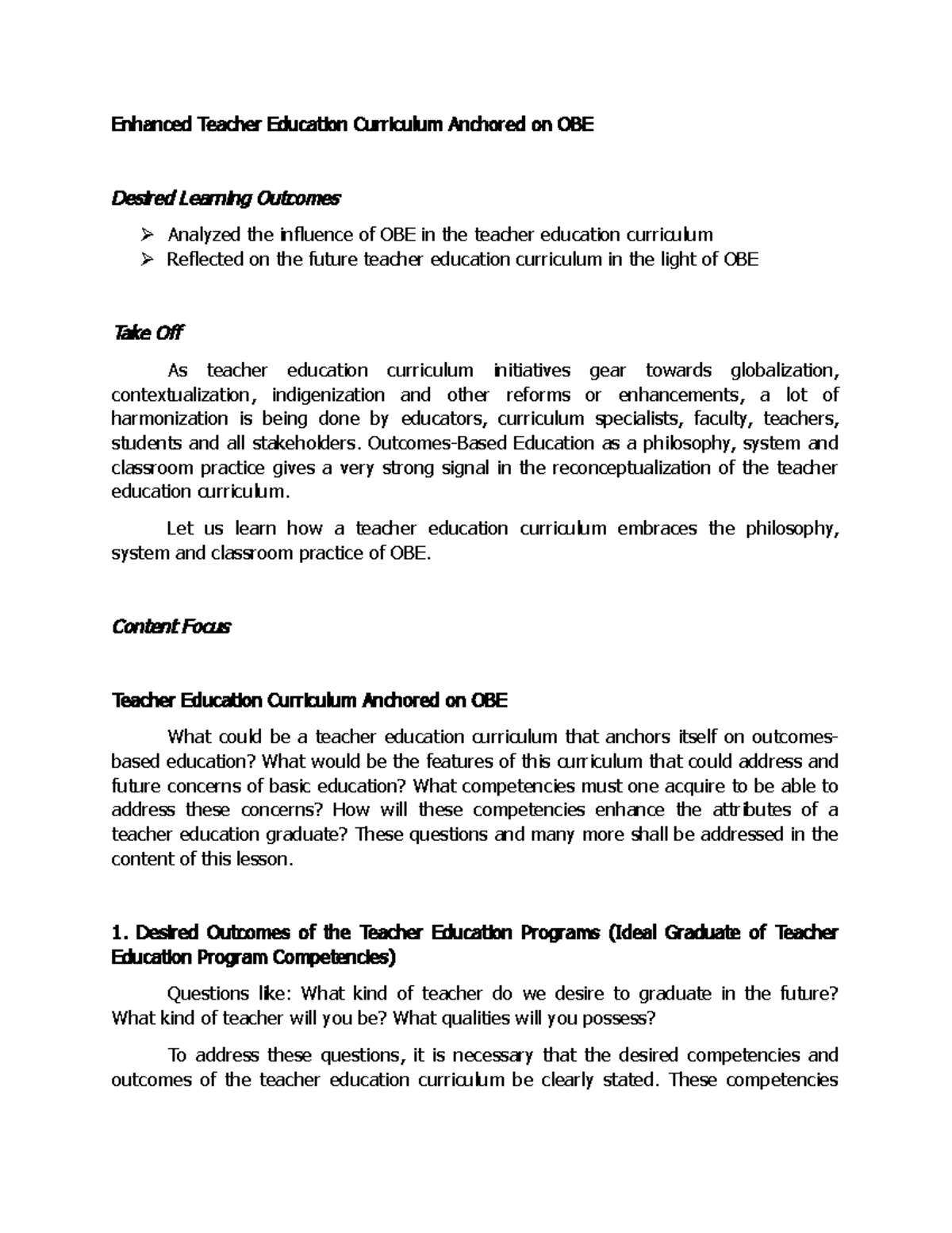 Teacher Education Curriculum Enhancements Guided by OBE Principles ...