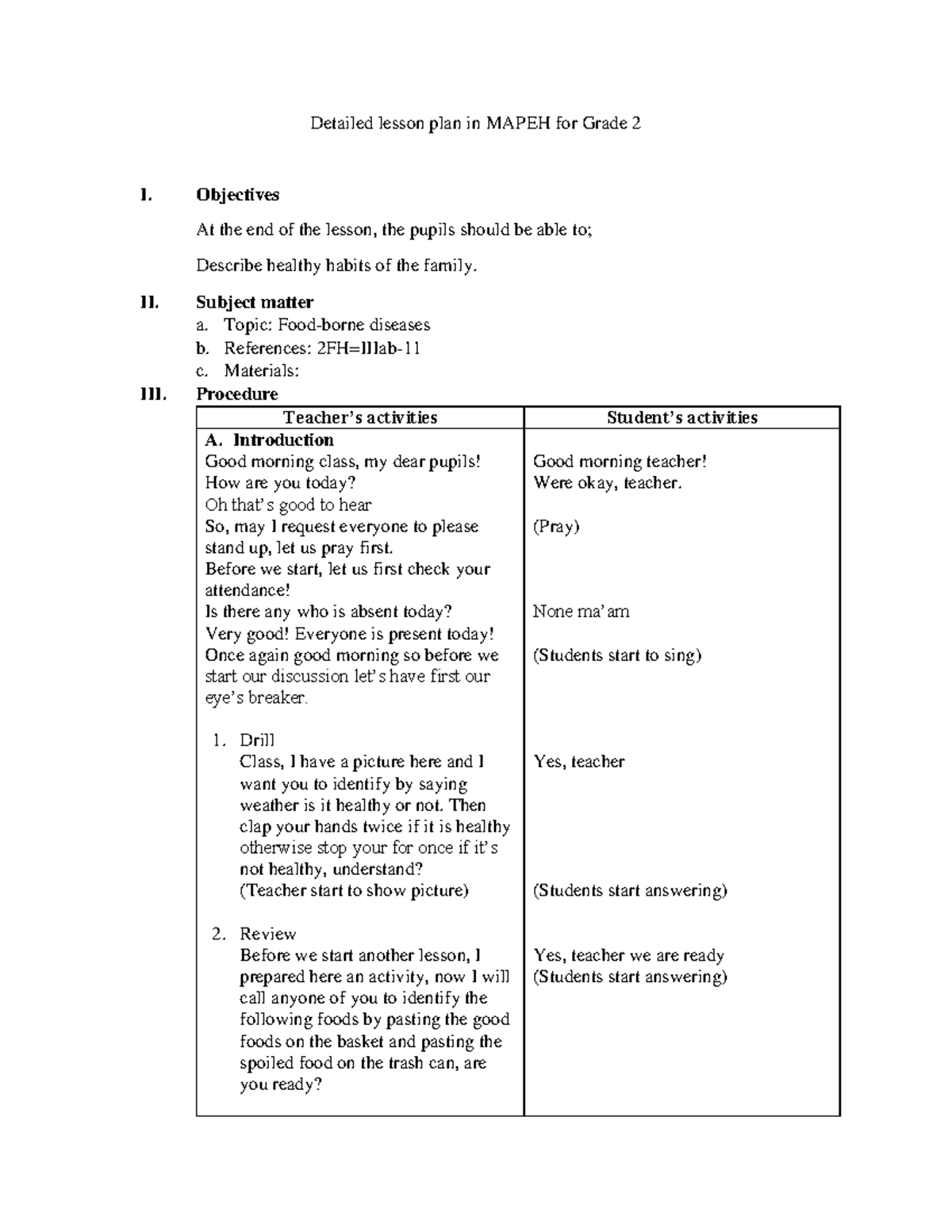 Grade 2 MAPEH: Detailed Lesson Plan on Family Healthy Habits - Studocu