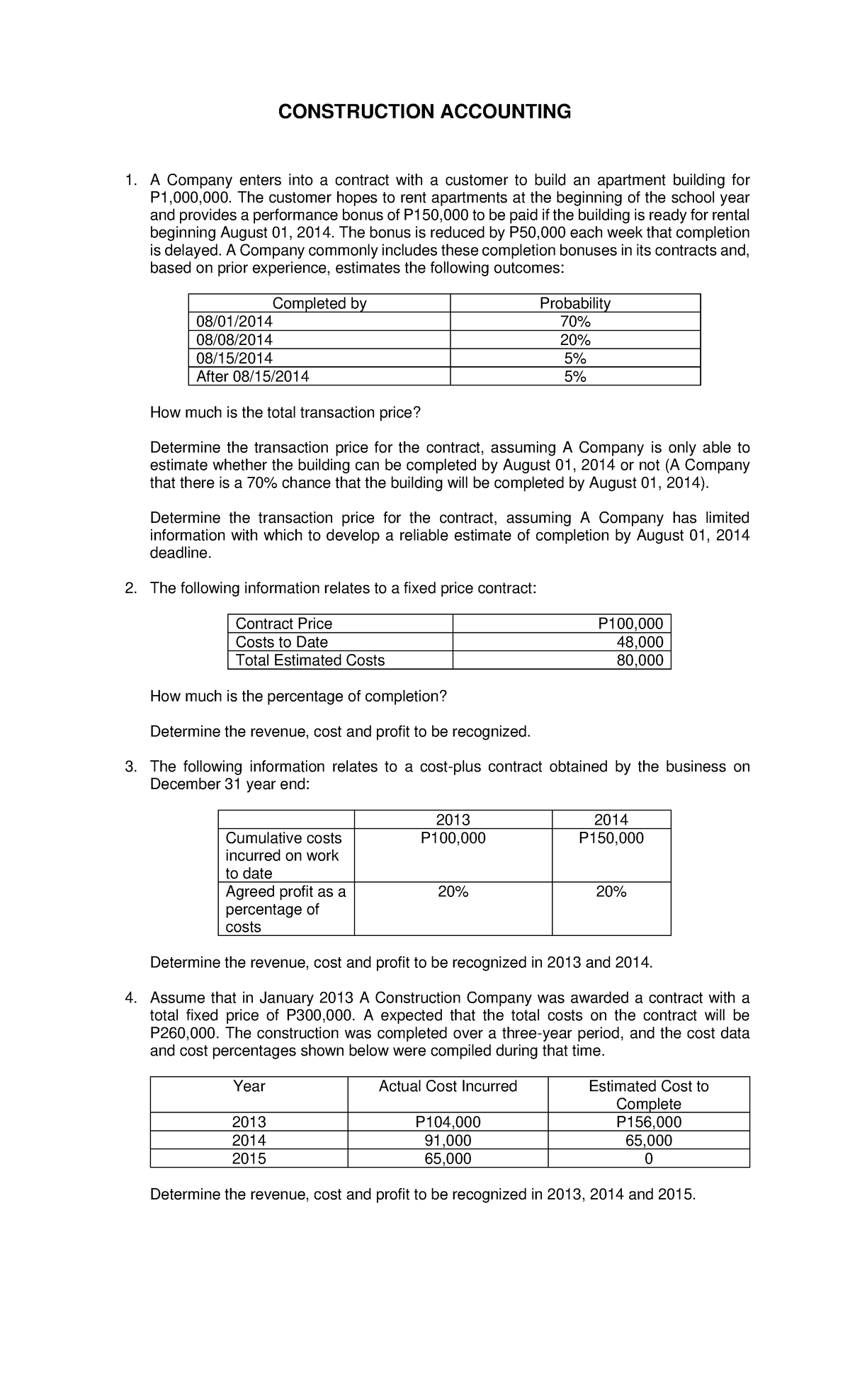 Construction Accounting: Transaction Price & Profit Recognition Analysis - Studocu