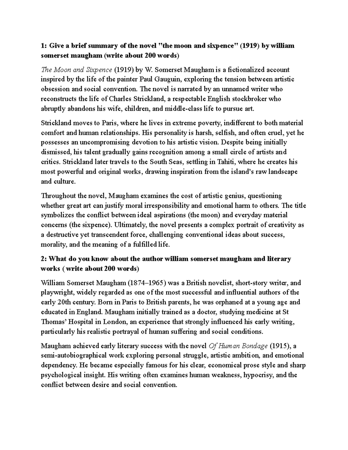 Literary Analysis of American Authors: Maugham, Wordsworth, Twain, and ...