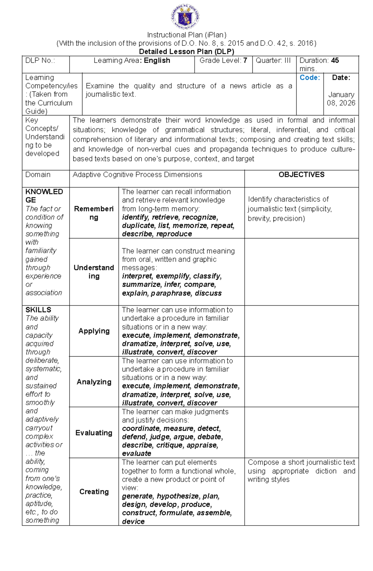 Instructional Plan for English Grade 7: Analyzing Journalistic Texts ...