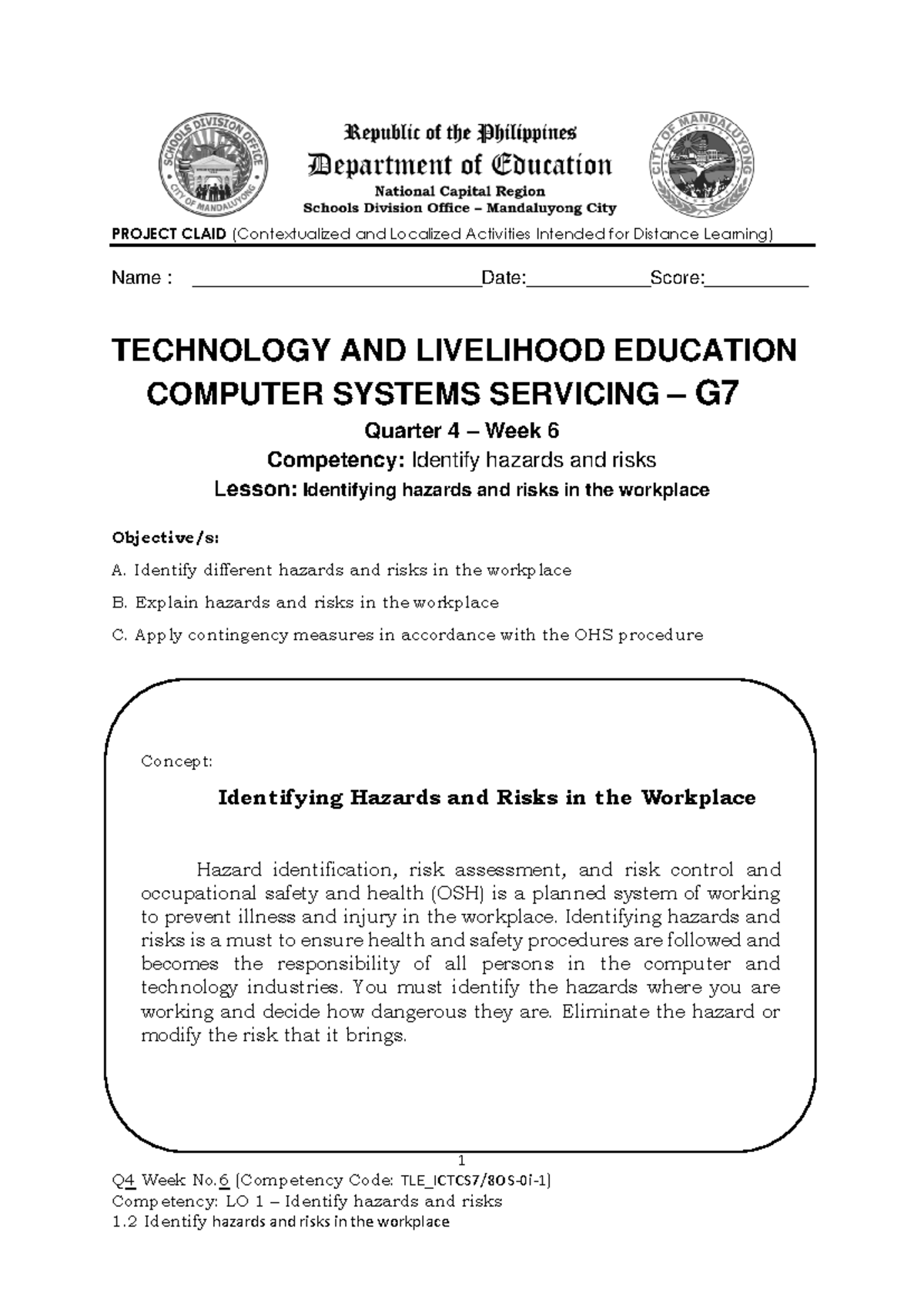 TLE-CSS-7-Q4-Week-6-Lesson-Identifying-Hazards-and-Risks - Studocu