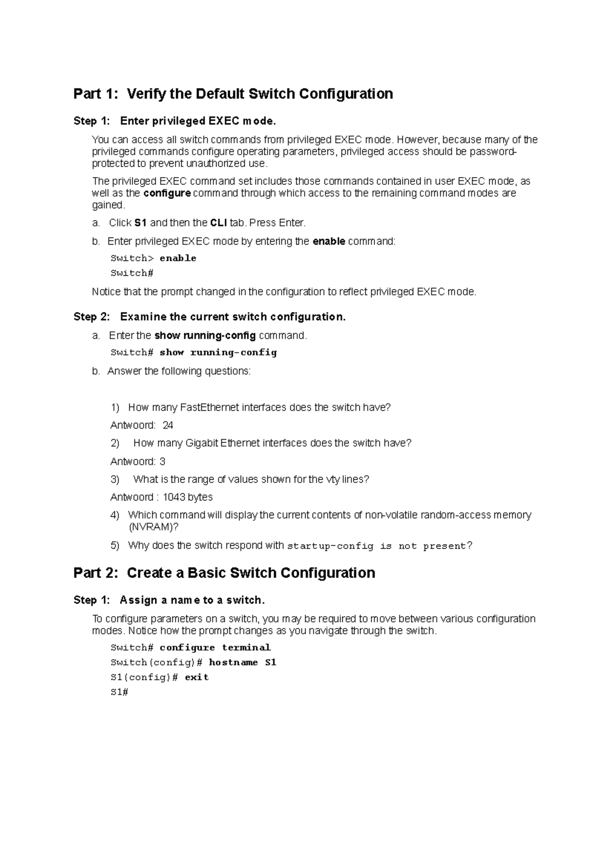 CCNA 3 Lesson 1 Homework: Basic Switch Configuration Steps - Studeersnel