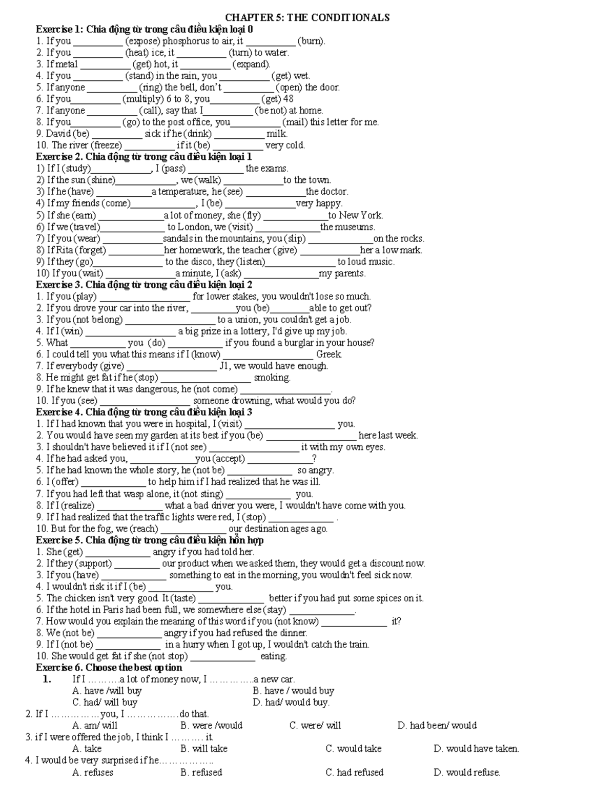 CHAPTER 5: THE CONDITIONALS Exercises and Practice - Studocu
