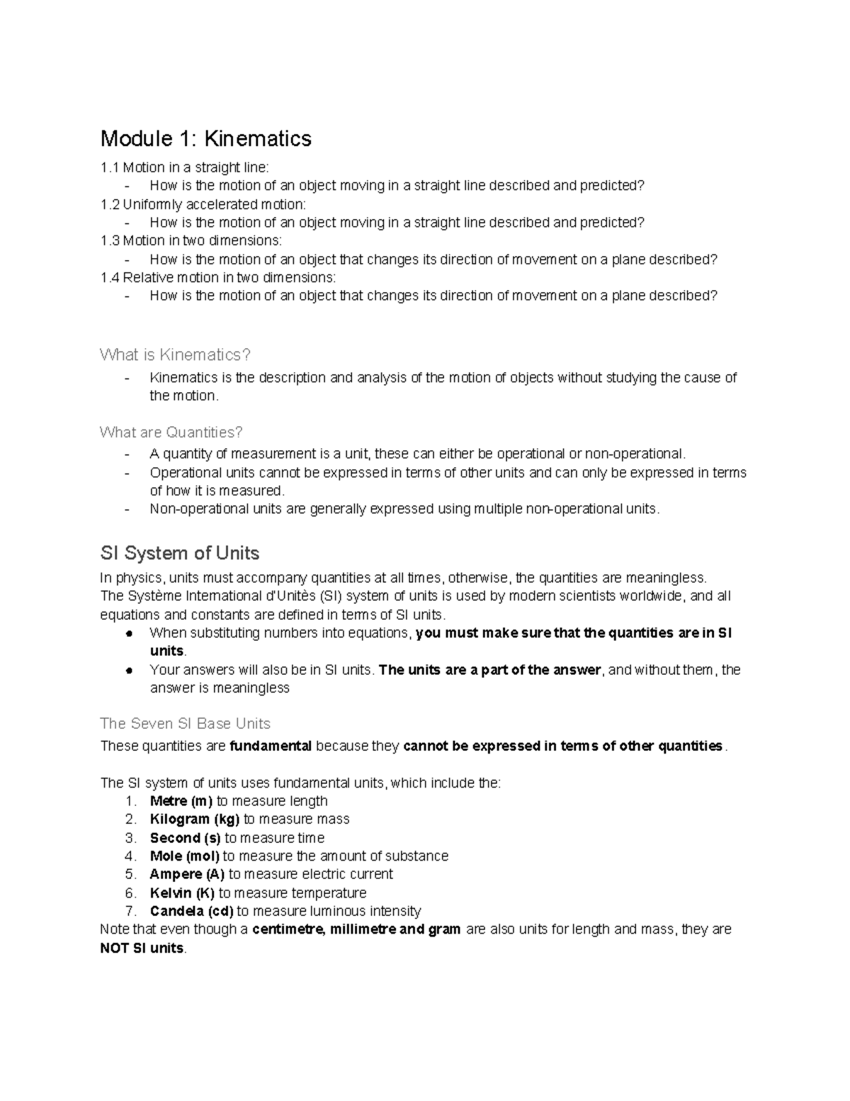 Physics Notes - Module 1: Kinematics and Motion Analysis - Studocu