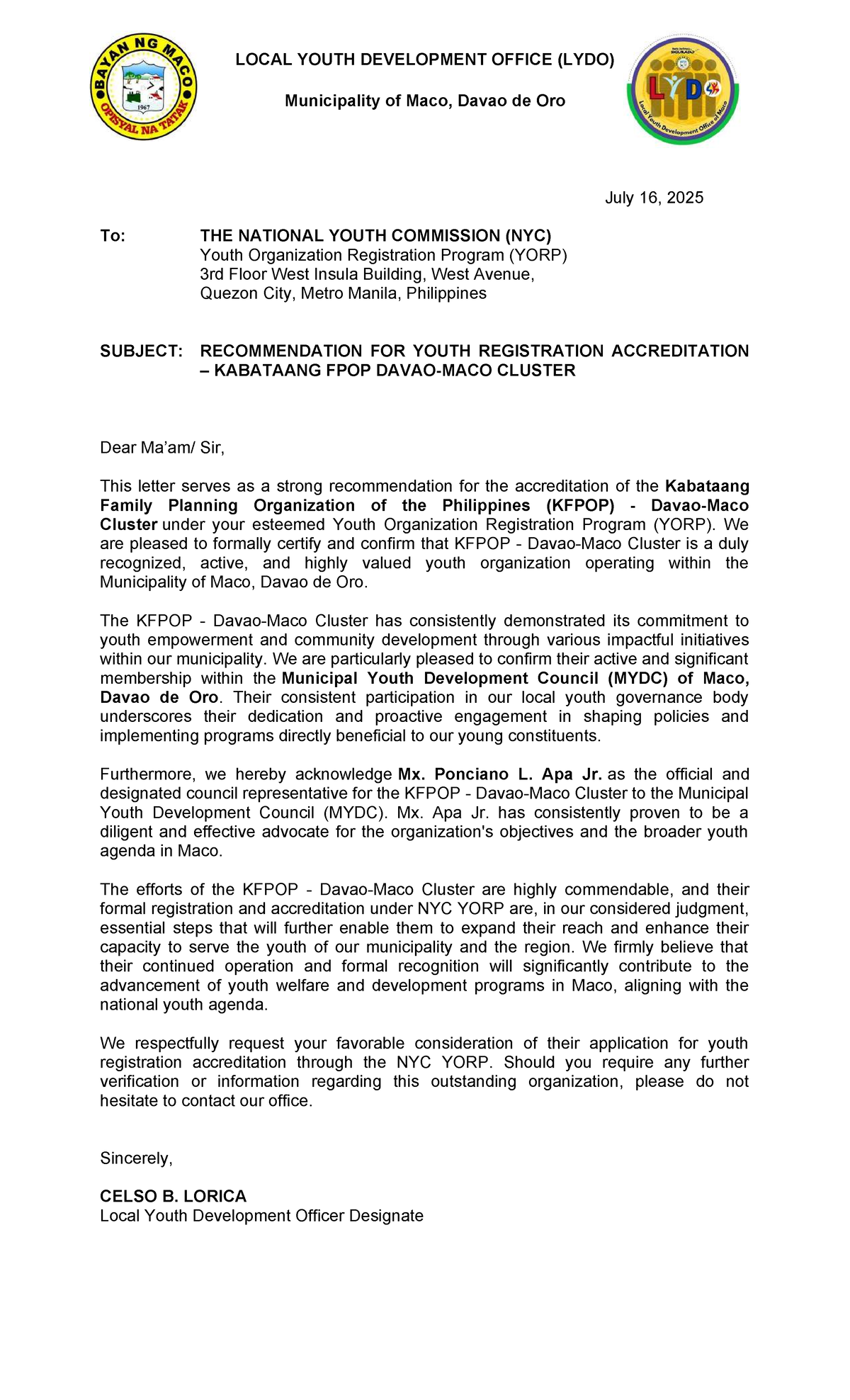 Recommendation Letter for Youth Registration Accreditation (YORP) - Studocu
