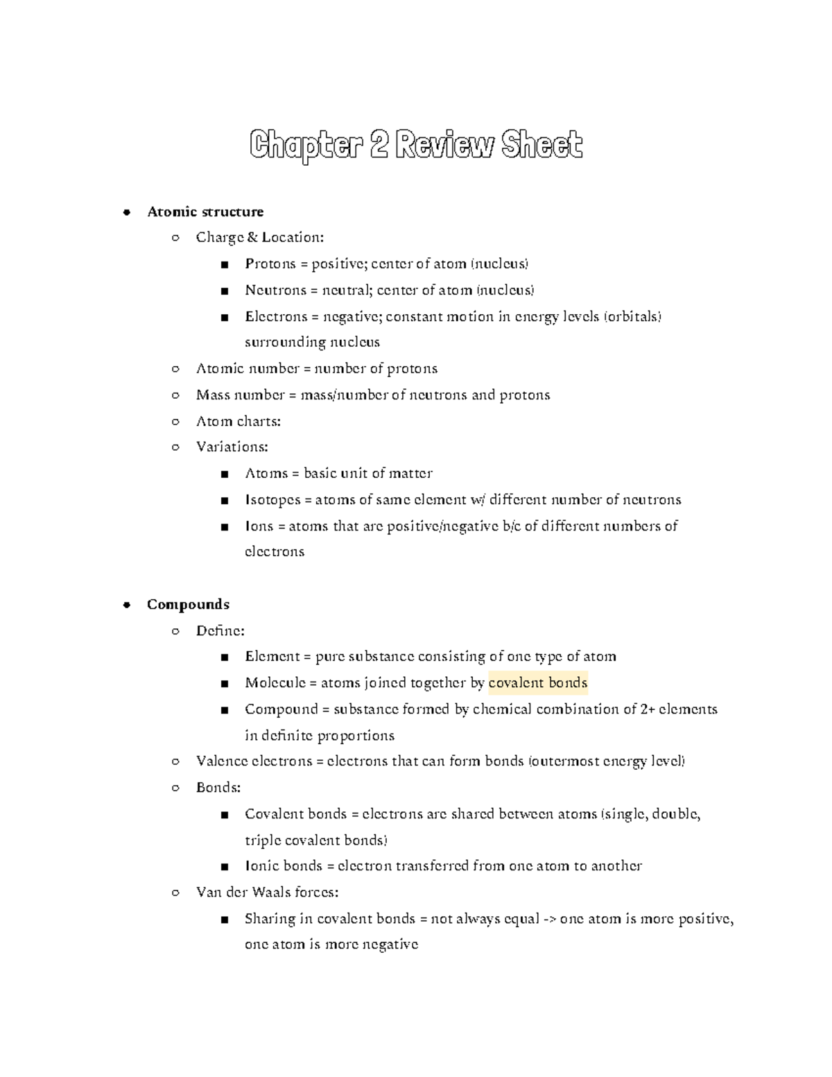 Bio 101 Ch 2 Review: Atomic Structure, Compounds, and Water Properties ...