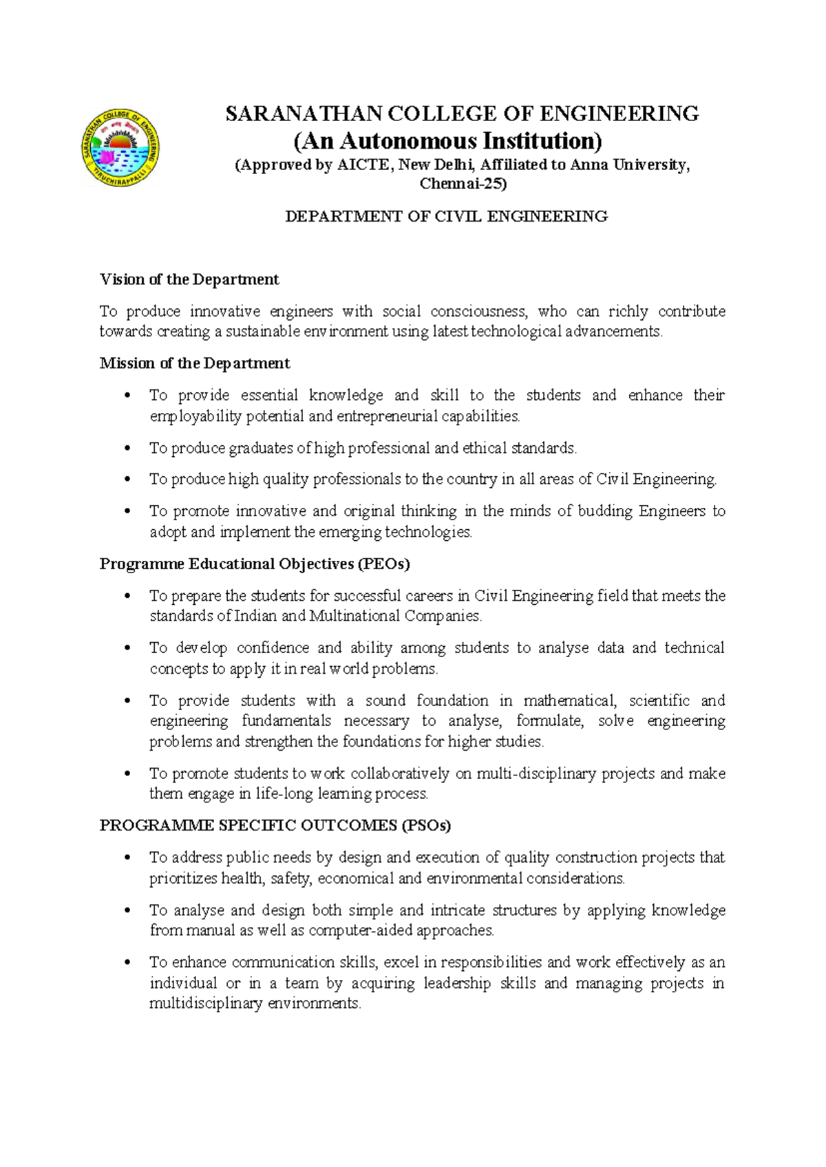 Civil Engineering Vision and Mission - Saranathan College - Studocu