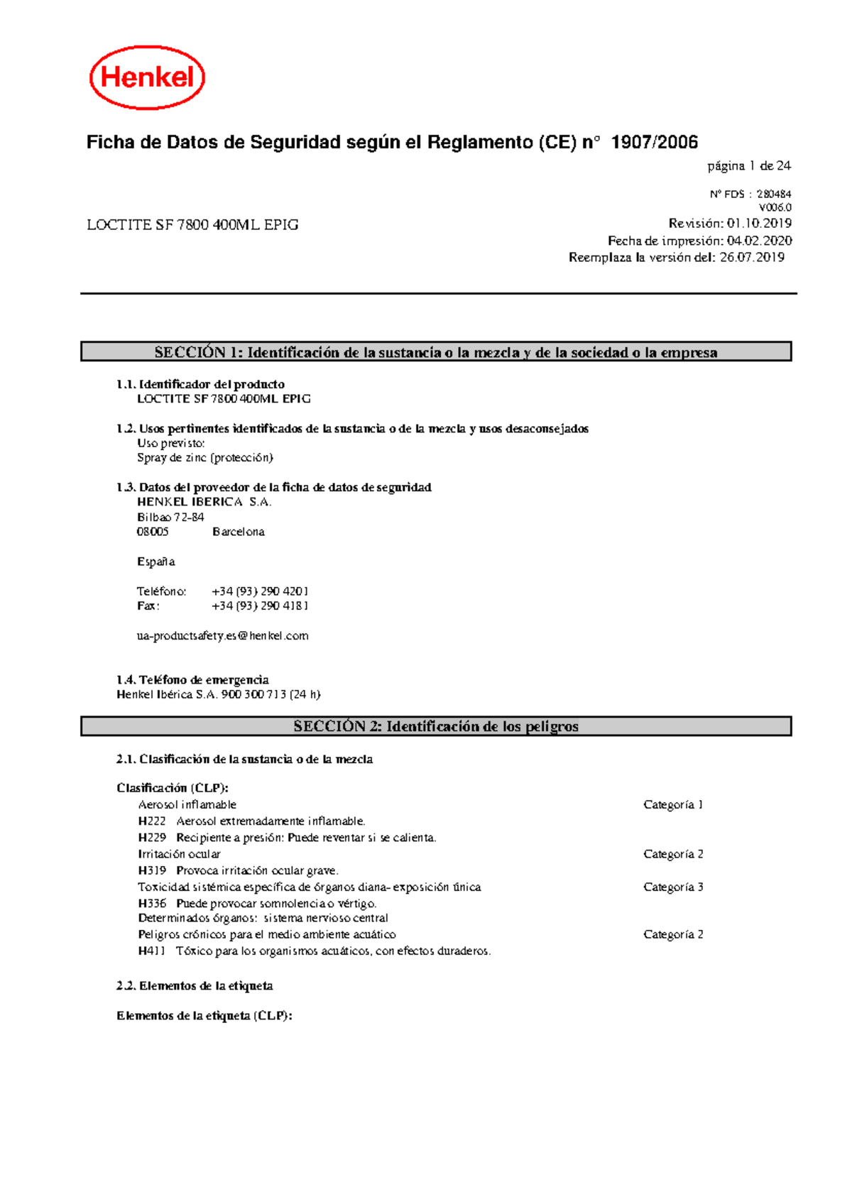 Ficha de Datos de Seguridad - LOCTITE SF 7800™ (MSDS) - Studocu
