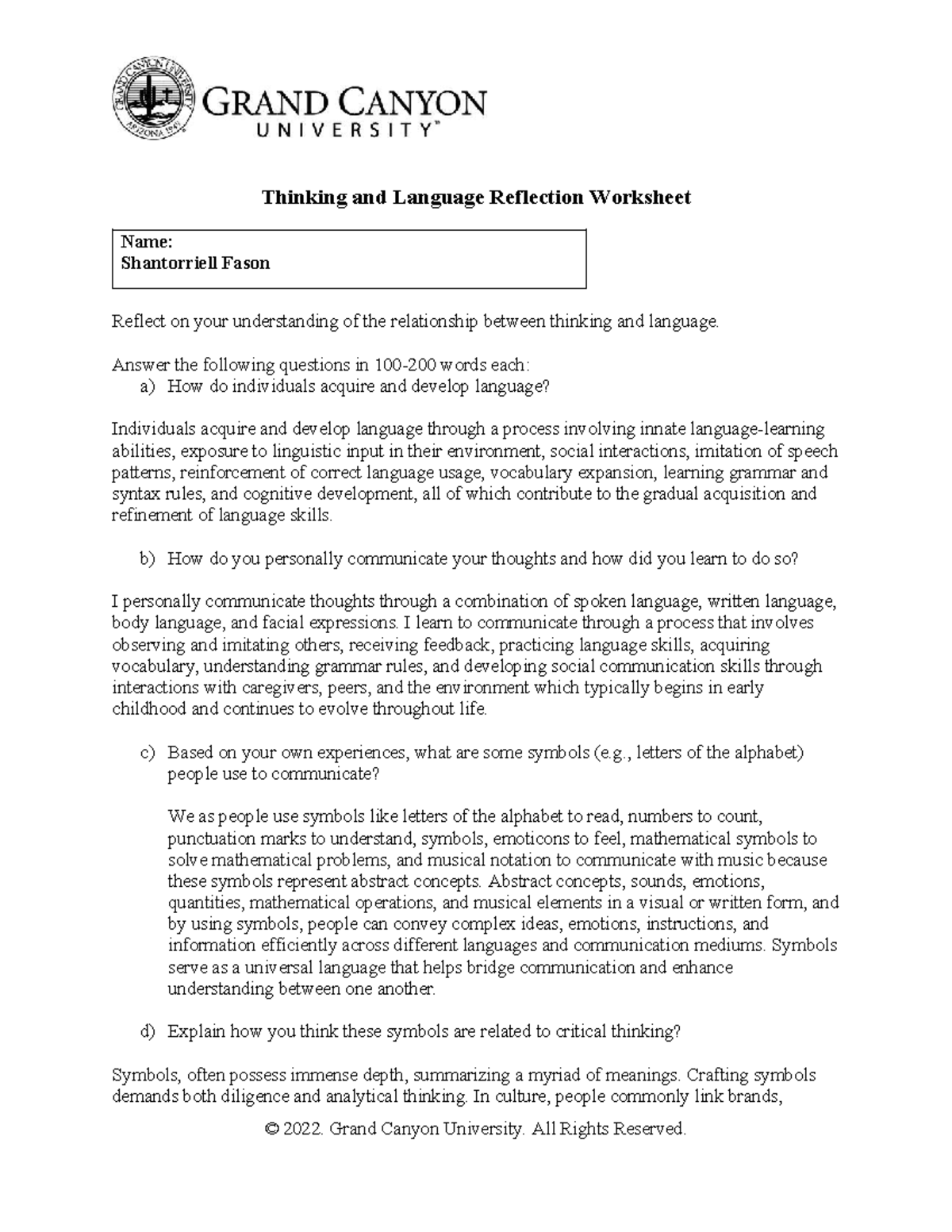 T5 Thinkingand Language Reflection Worksheet - Thinking and Language ...