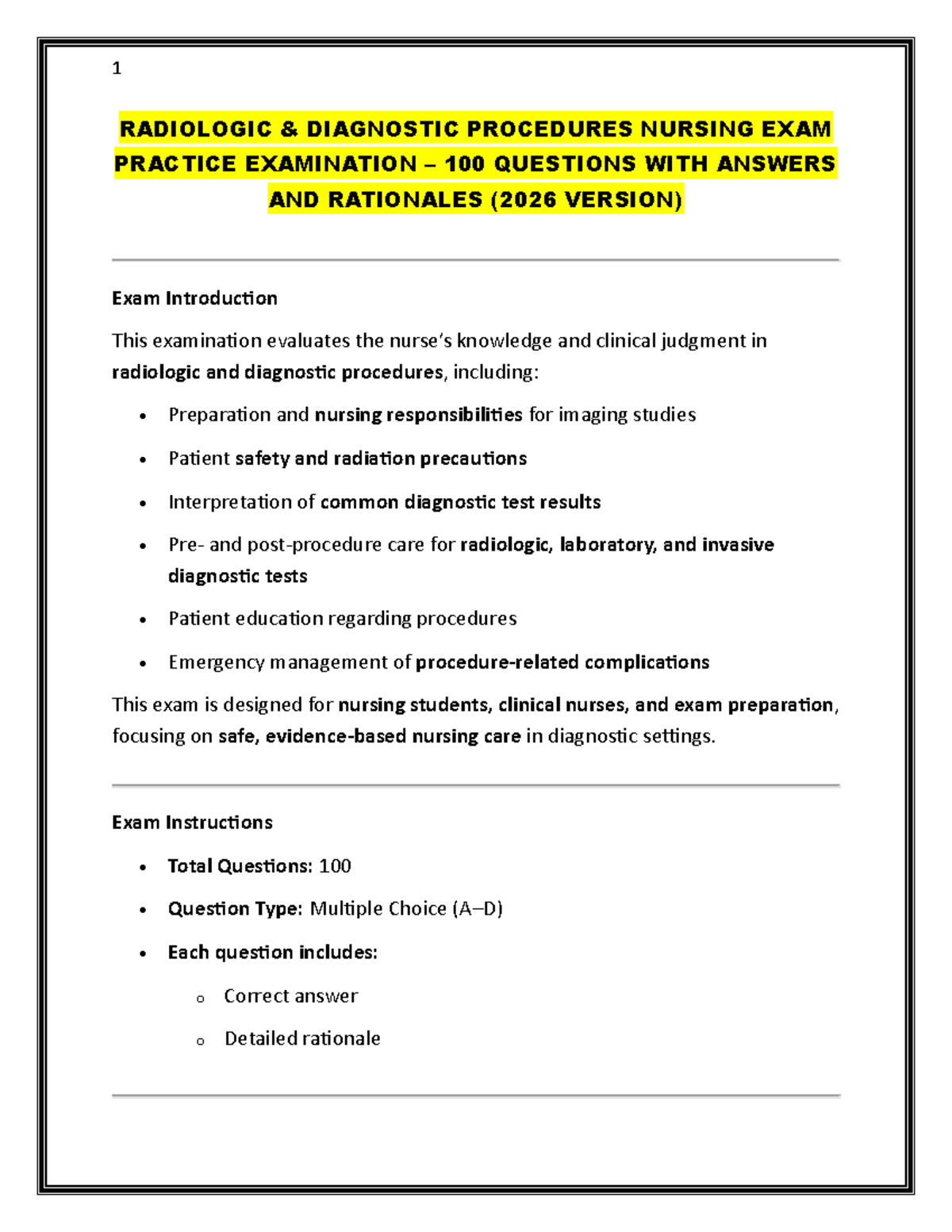 Radiologic & Diagnostic Procedures Nursing Exam (NURS 2026) - 100 Qs ...
