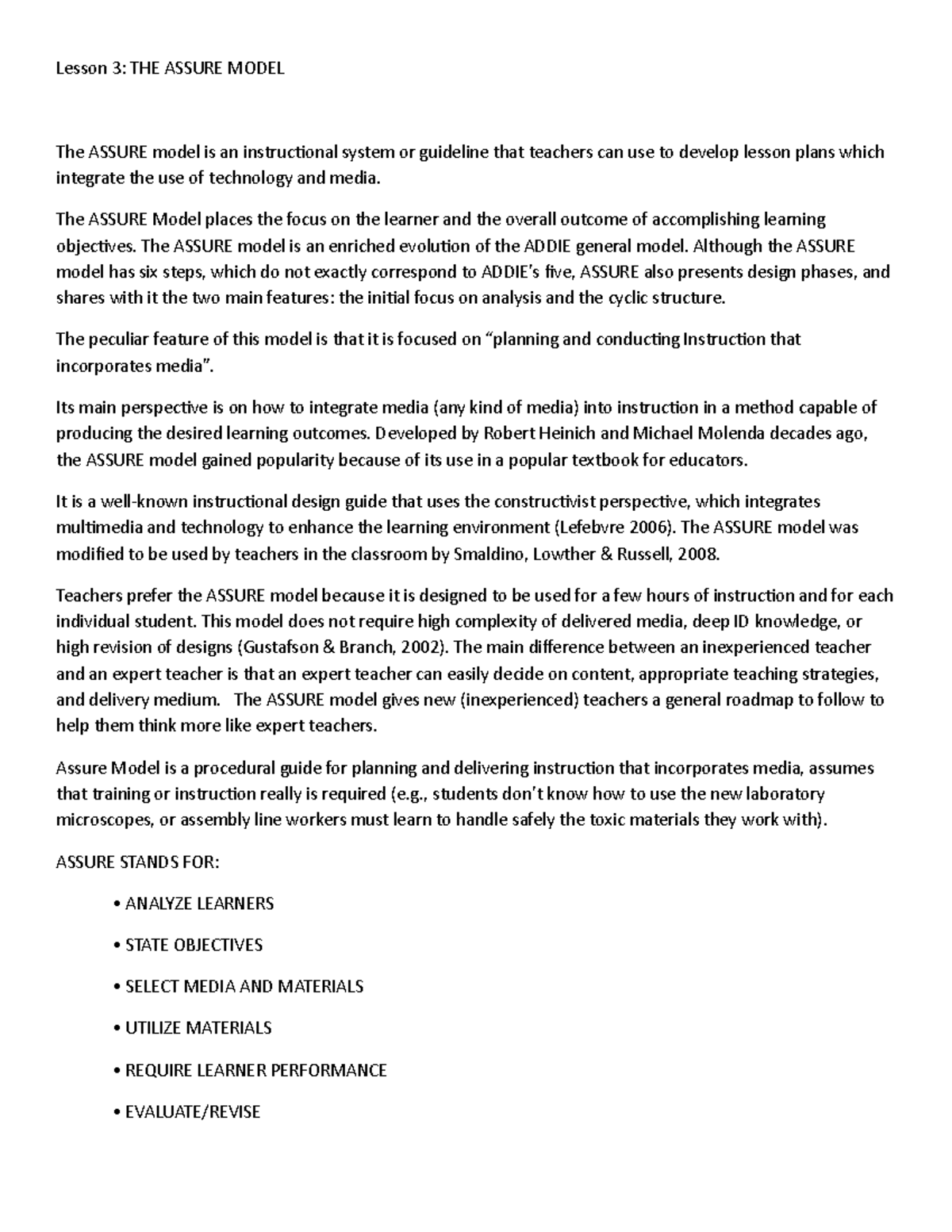 Lesson 3 The Assure Model - Lesson 3: THE ASSURE MODEL The ASSURE model ...