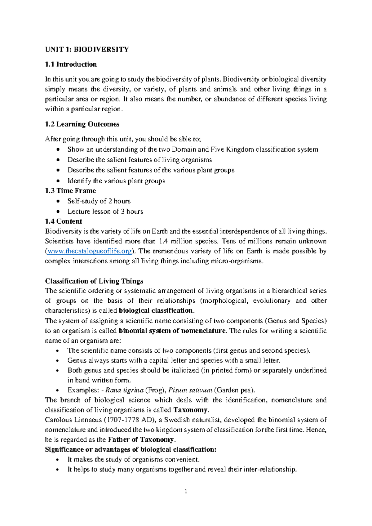 Botany I Module 222: Lecture Notes on Biodiversity and Cell Biology ...