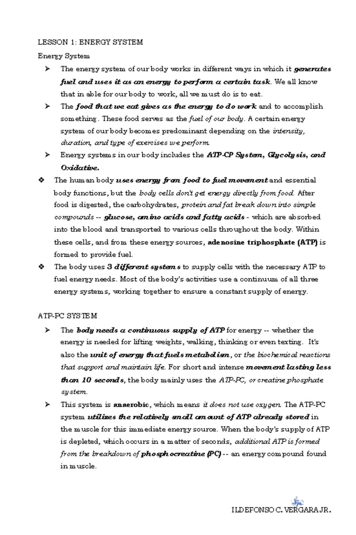 PEH 101: Lesson 1 - Understanding Energy Systems and Stress Management - Studocu