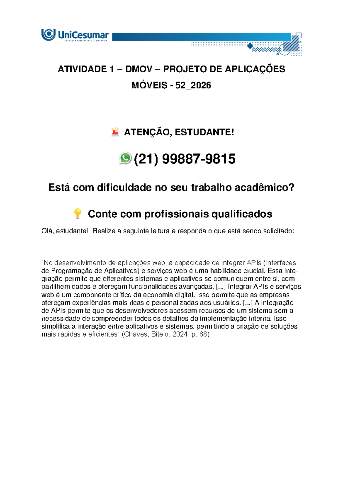 ATIVIDADE 1 - INTEGRAÇÃO DE APIS EM APLICAÇÕES MÓVEIS - DMOV 52_2026 ...