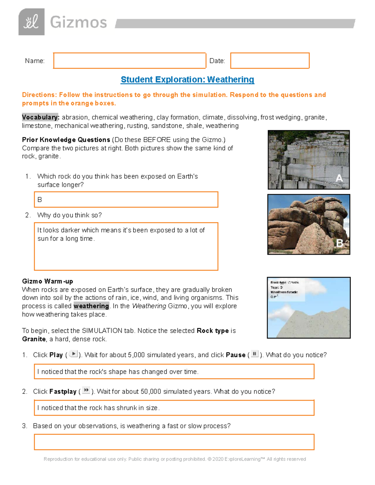 Dhilan Bhatt - Student Exploration: Weathering Gizmo Activity - Studocu