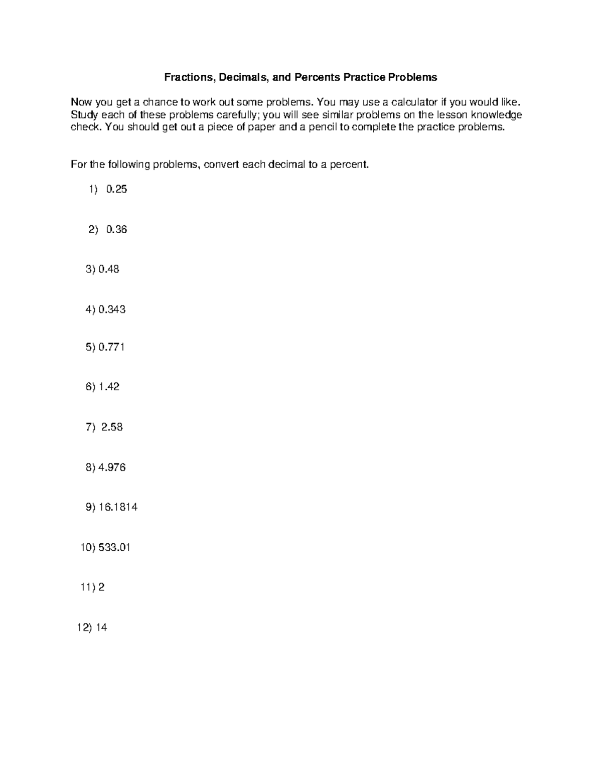 Fractions, Decimals, and Percents Practice Problems Worksheet - Studocu