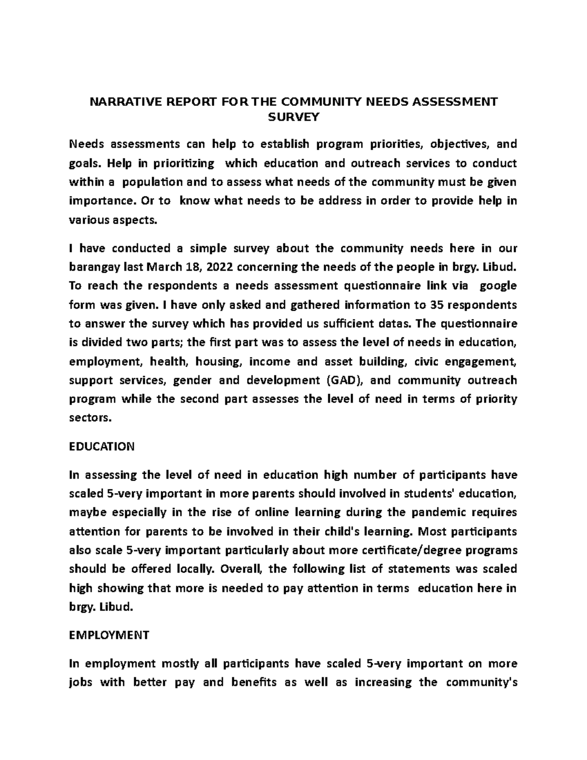 Community Needs Assessment Narrative Report - Survey Findings - Studocu