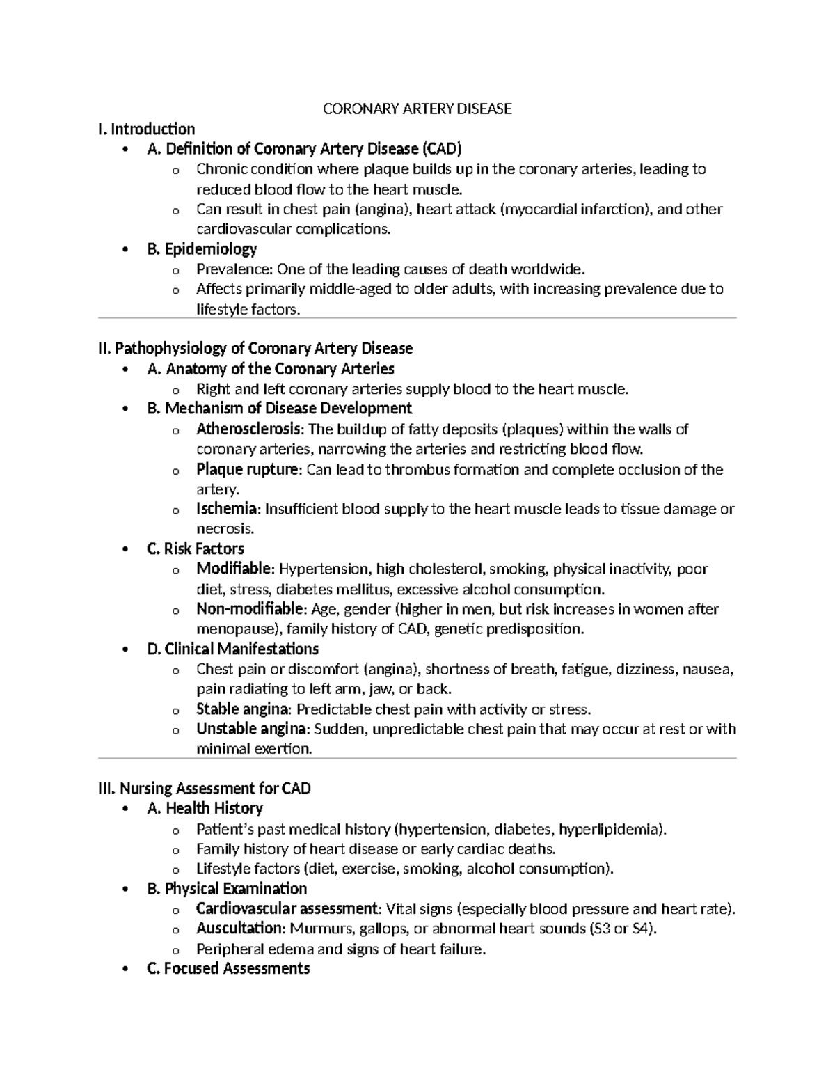 Coronary Artery Disease (CAD): Overview, Assessment, and Interventions ...