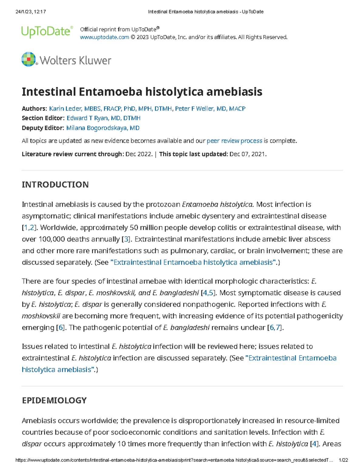 Intestinal Entamoeba histolytica Amebiasis Overview - UpToDate Insights ...