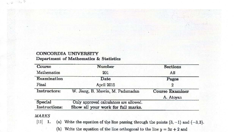 Math 201 Final Exam Solutions - April 2015 - Studocu