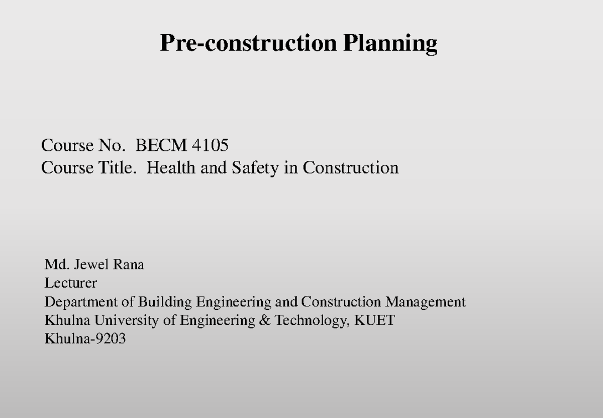 Pre-construction Planning Notes for BECM 4105: Health & Safety - Studocu