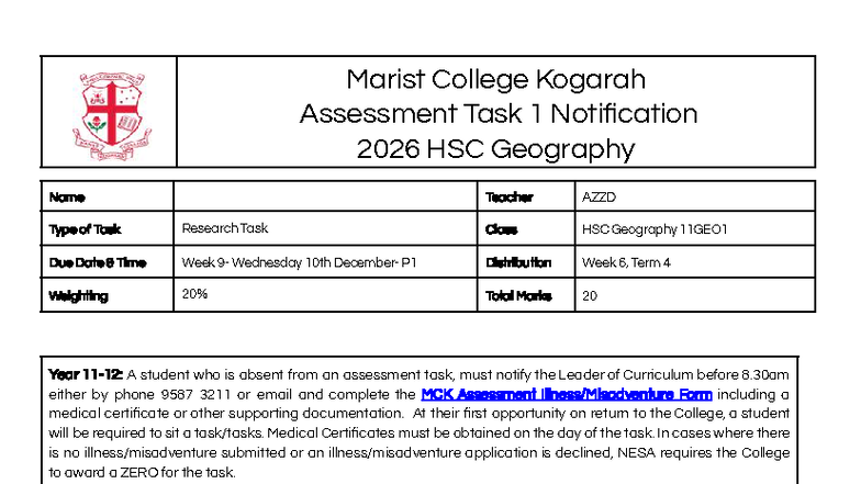 2026 HSC Geography Assessment Task 1 Notification for 11GEO1 - Studocu