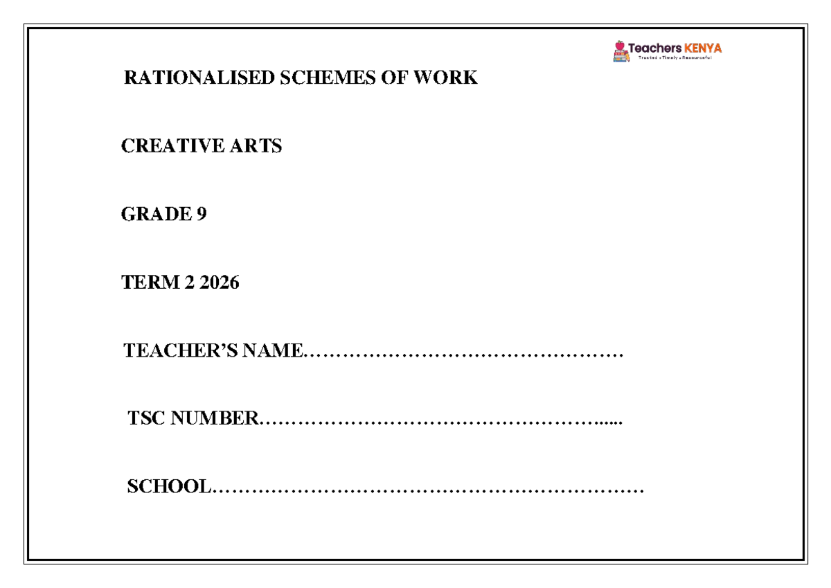 TERM 2 2026 Grade 9 Creative Arts Schemes of Work - Studocu