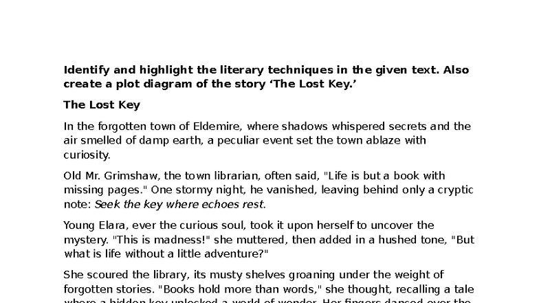 The Lost Key: Literary Techniques & Plot Diagram Analysis - Studocu