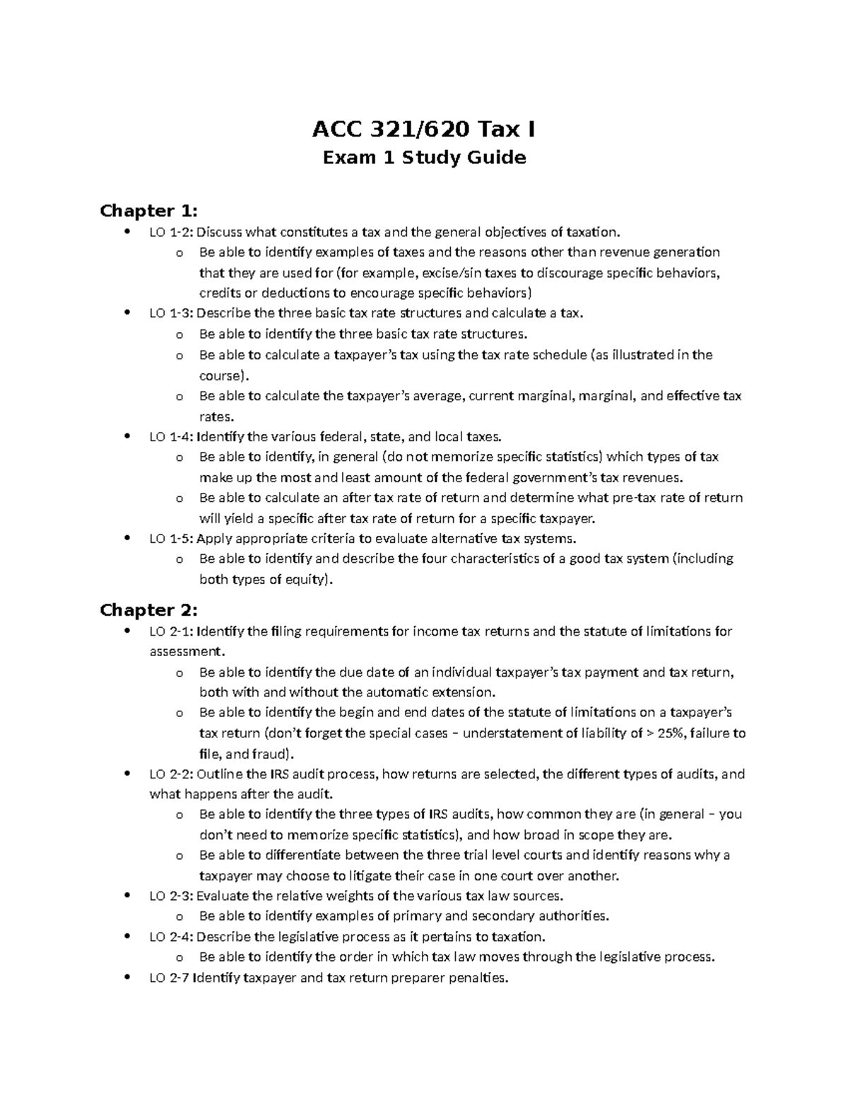 ACC 321/620 Tax I Exam 1 Study Guide: Key Concepts & Learning Objectives - Studocu